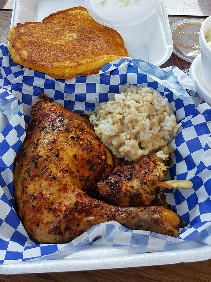 Baked chicken, rice, and cornbread—the holy trinity of comfort that reminds you some meals aren't just about eating, but about feeling instantly at home.