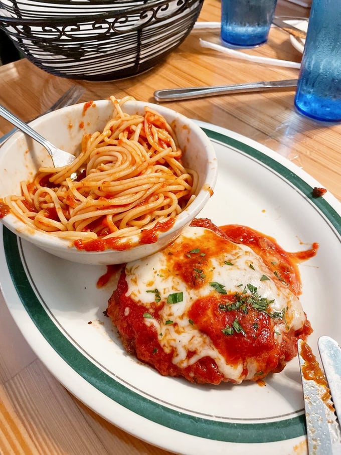 Chicken Parmesan and spaghetti – the Fred Astaire and Ginger Rogers of Italian-American cuisine, dancing together in perfect harmony.