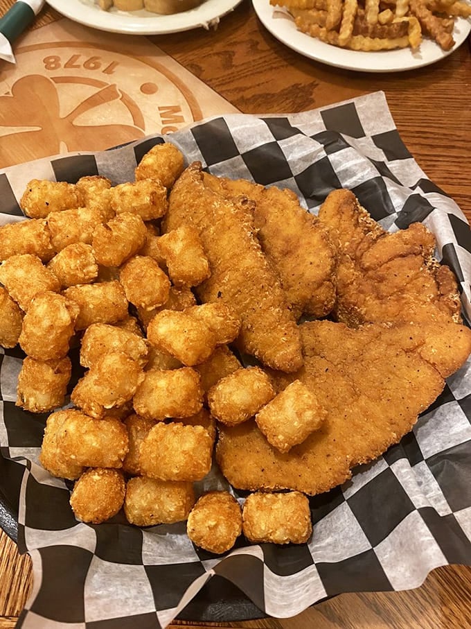 Golden-fried chicken strips and tater tots – proof that sometimes the simplest pleasures are the most satisfying. Childhood favorites, all grown up.