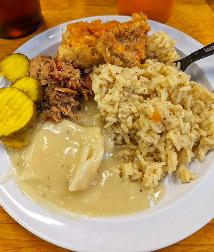 The Southern trifecta: chicken bog, creamy dumplings, and pulled pork with rice—proof that heaven exists and it's located in Myrtle Beach, South Carolina.