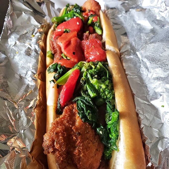 Dattilo's chicken cutlet sandwich with the works—proof that sometimes the best things in life come between two pieces of bread.