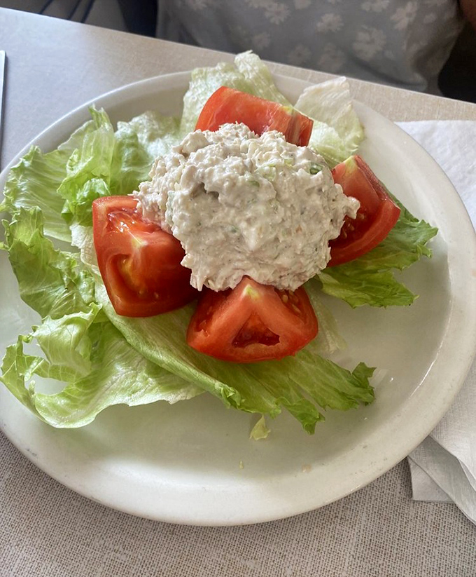 Summer on a plate – a chicken salad-stuffed tomato that somehow makes eating healthy feel like you're getting away with something delicious.