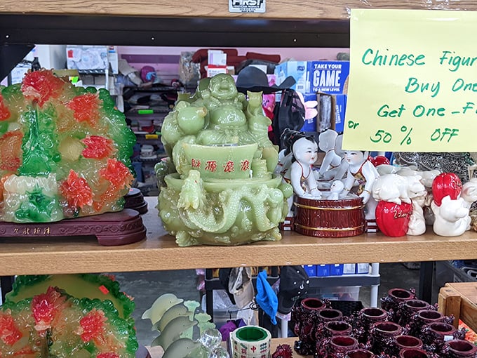 These jade laughing Buddhas and colorful figurines aren't just decorative trinkets – they're little ambassadors of joy waiting to brighten your mantelpiece or office desk.
