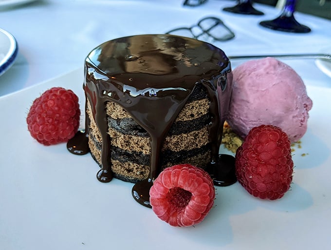 This chocolate cake with raspberry accents isn't just dessert—it's therapy that doesn't require a copay. Sweet architecture at its finest.