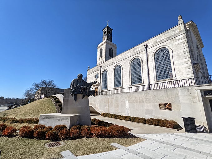 The Churchill Museum's striking white façade houses world-changing history. This architectural gem, complete with statue, commemorates one of history's most significant speeches delivered right here in Fulton.