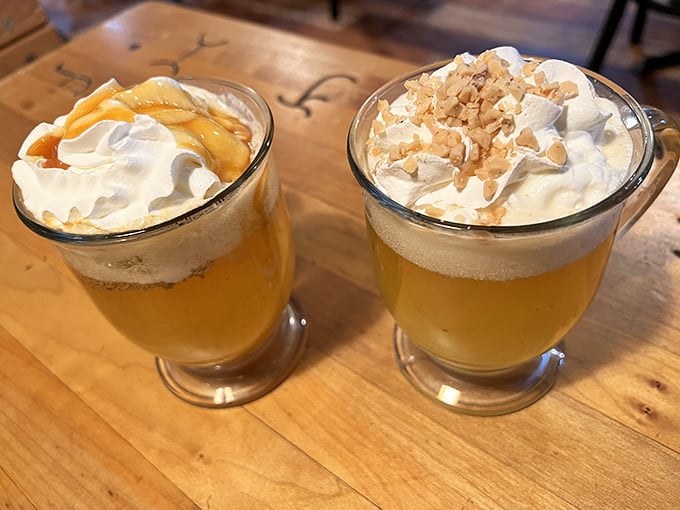 Hot apple cider topped with whipped cream and caramel—liquid autumn in a glass that warms you from the inside like a flannel shirt for your soul.