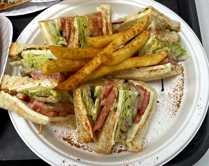 The club sandwich – architecture you can eat. Those masala-dusted fries on the side aren't just a garnish, they're a revelation.