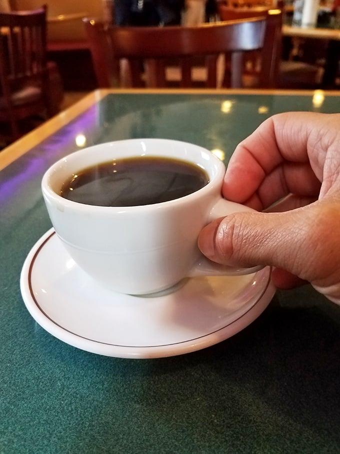Coffee served in the classic white diner mug – the vessel that has launched a thousand productive mornings and saved countless Monday meetings.