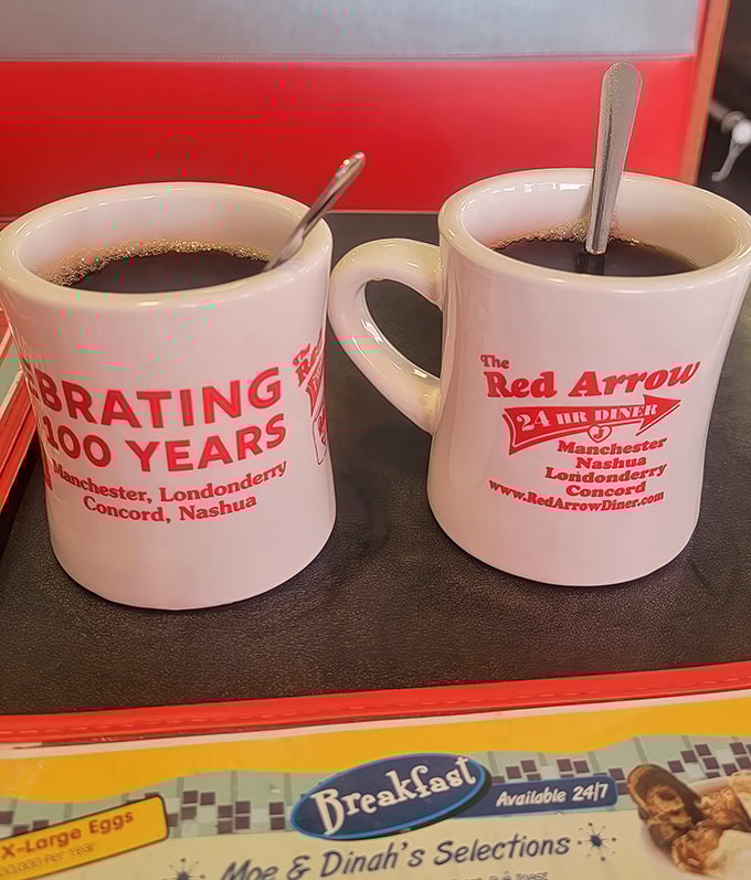 The coffee mugs tell a story of longevity and local pride. In a world of fancy coffee drinks, there's something wonderfully reassuring about a simple, honest cup of diner joe.