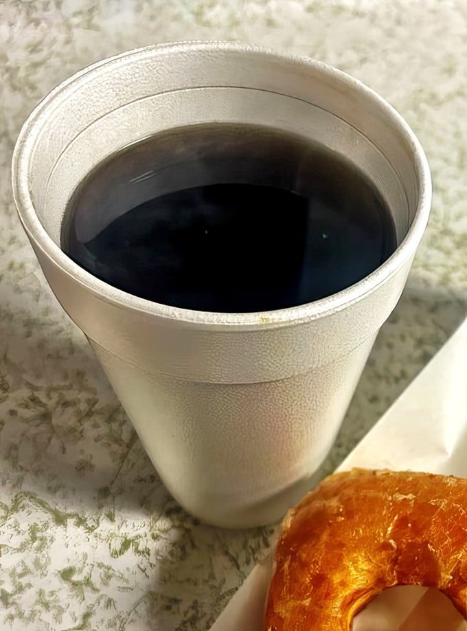 The perfect companion to fried dough—no-nonsense coffee in a styrofoam cup. No vanilla-caramel-half-caf-soy-latte nonsense here, just honest caffeine.