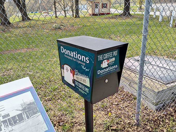 Even the donation box stays on theme! Drop a few dollars to help preserve this caffeinated wonder for future generations of bewildered highway travelers.