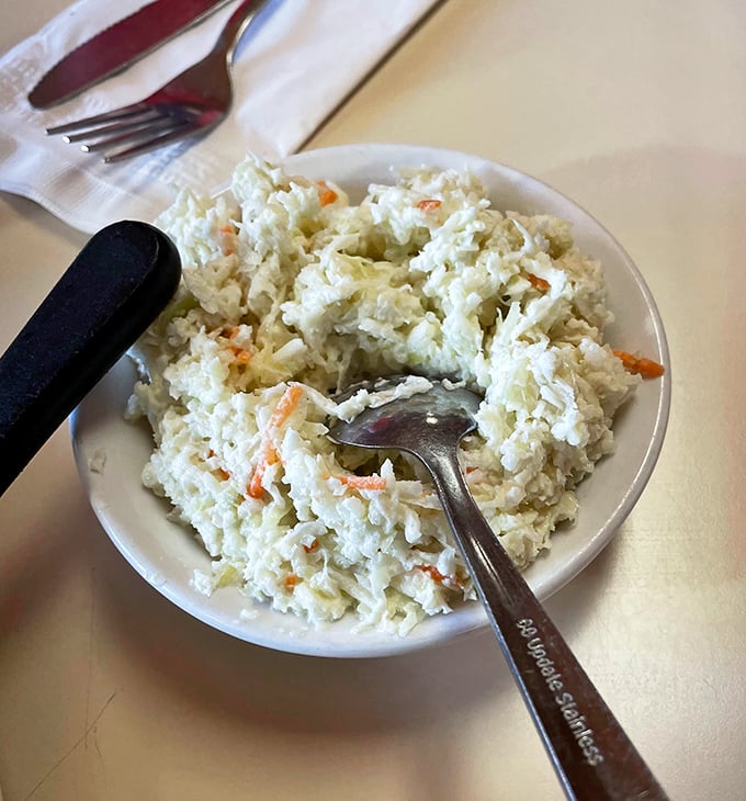 Classic coleslaw, creamy and crunchy in perfect harmony – the unsung hero of diner sides that completes any sandwich experience.
