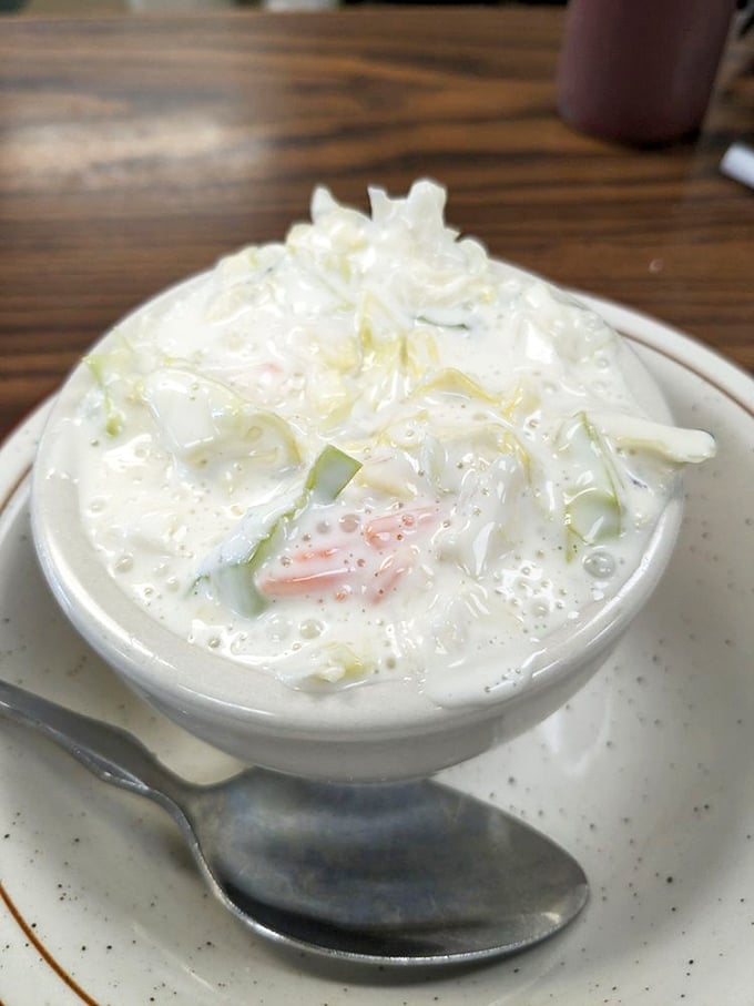 Coleslaw that actually looks fresh – a minor miracle in the diner universe, let's be honest.