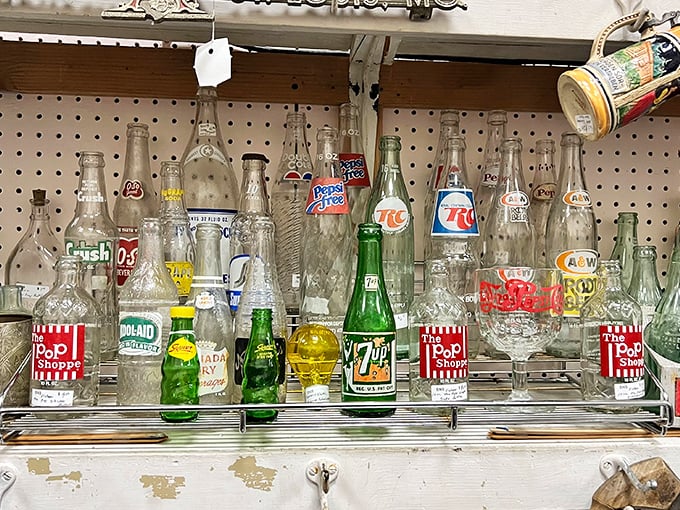 Soda bottles from another era – when Pepsi cost a nickel and 7UP bottles were works of art worth displaying, not recycling.