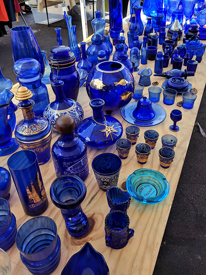 Cobalt blue heaven for glass collectors. This mesmerizing display of azure vessels captures light like liquid sapphires on a wooden stage.