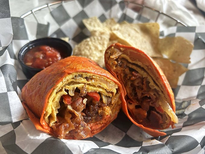 The Space Cowboy Burrito: where breakfast ingredients saddle up together in a tortilla that somehow contains this universe of morning flavors.
