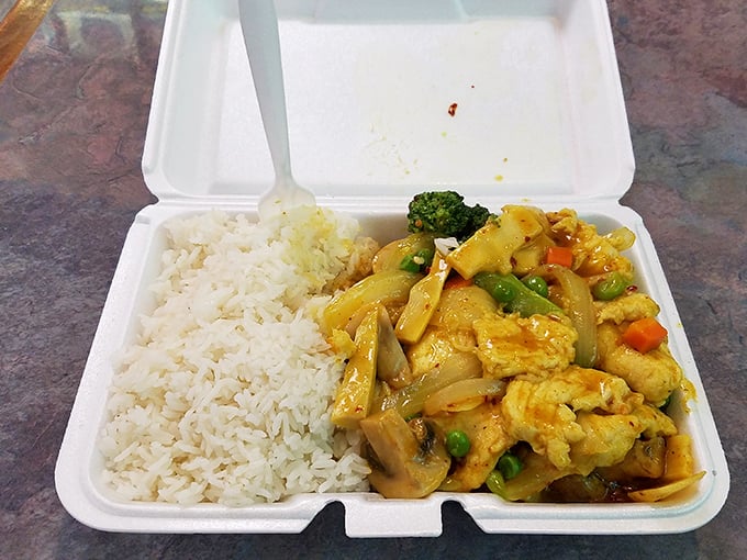 Take-out that travels well – curry chicken that manages to maintain its dignity even in a styrofoam container, no small culinary feat.