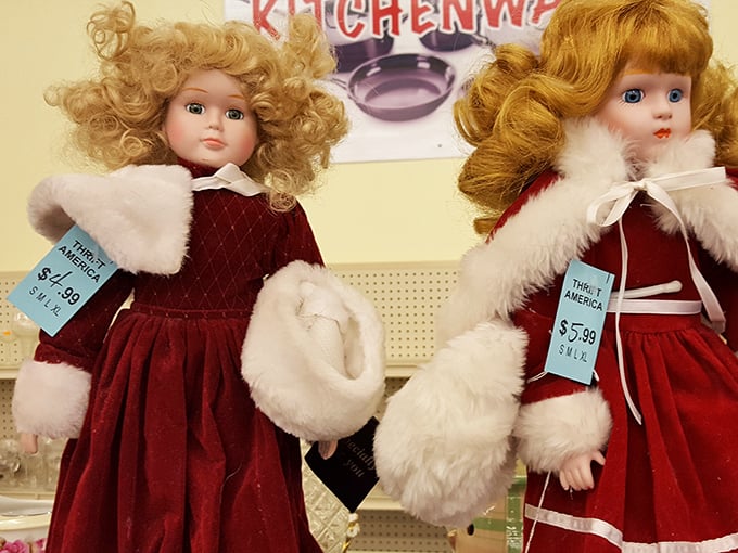 These holiday dolls aren't just waiting for a home – they're judging your outfit choices with their perpetually surprised porcelain expressions.