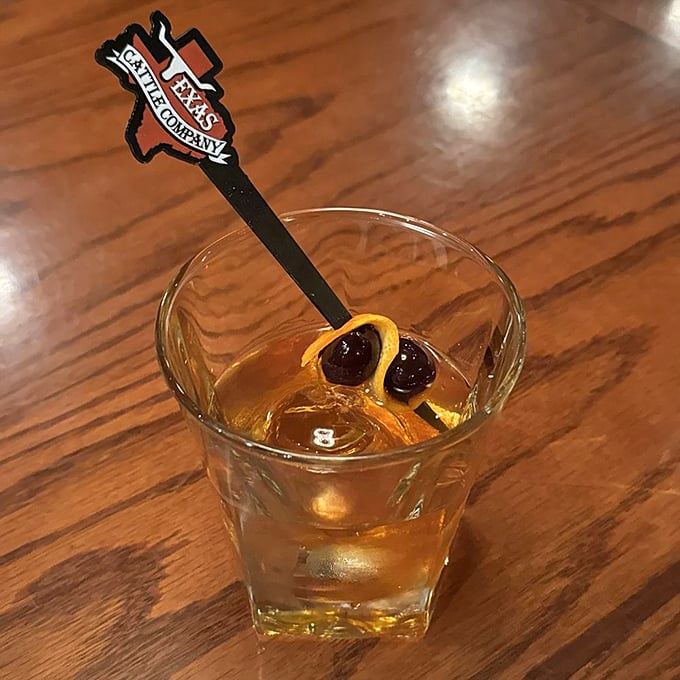 Even the cocktails get the Texas treatment – this Old Fashioned comes with a branded stirrer that's practically begging to become a souvenir.