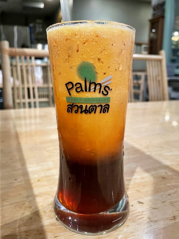 The Thai iced tea: part refreshment, part dessert, all delicious. That beautiful gradient from dark to light is like a sunset in a glass.