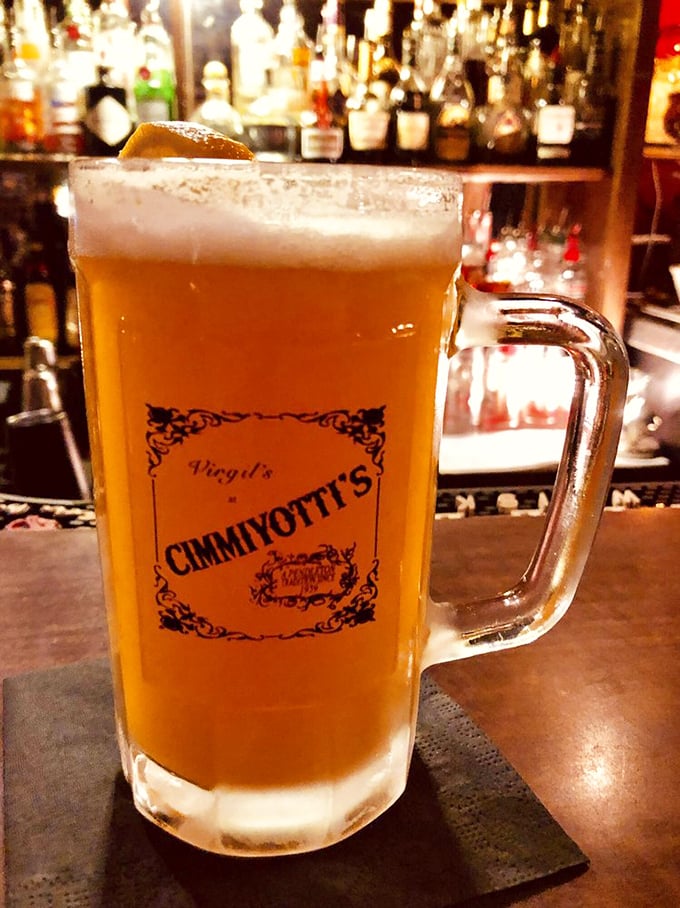 Nothing says "I'm about to have a legendary meal" quite like a frosty mug bearing the restaurant's name and promising liquid courage.