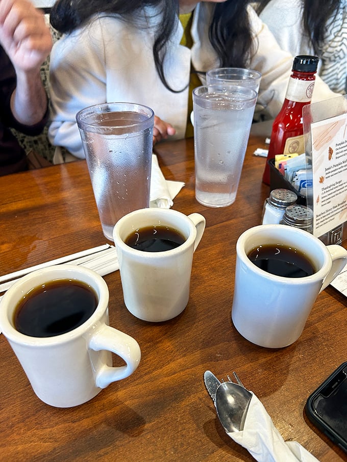 Coffee served diner-style—honest, strong, and plentiful. The kind that turns morning grouches into functioning humans by the second cup.