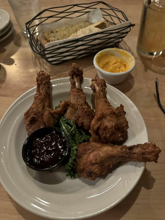 Indiana duck legs with lingonberry jam—crispy, juicy, and slightly exotic. Like your standard fried chicken had a semester abroad in Scandinavia.