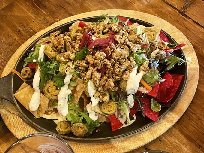 A fiesta of nachos that doesn't know the meaning of "skimpy." Every chip has found its soulmate in cheese, meat, and toppings.