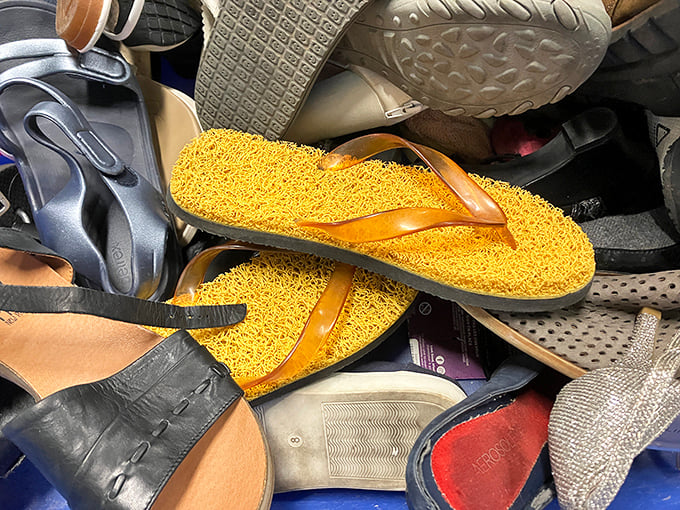 Footwear finds range from barely-worn treasures to "character-filled" options. That yellow sandal might be someone's perfect beach companion this summer.