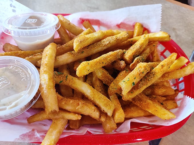 Old Bay fries—because in Maryland, even the potatoes get dressed up in the state's favorite spice blend. Crispy, golden, and utterly irresistible.