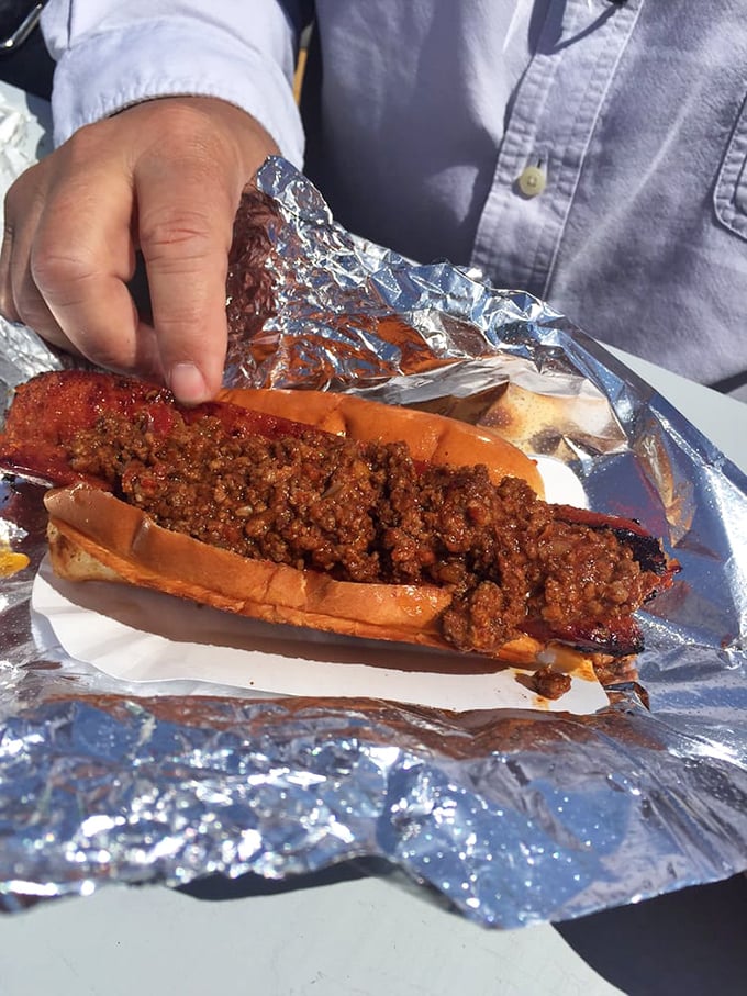 The Georgia Hot – where New England meets Southern heat in a perfectly grilled hot dog topped with spicy meat sauce.
