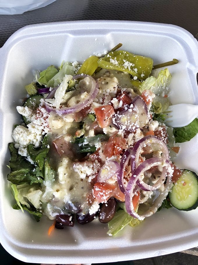 Even their salads have Southern charm—this Greek masterpiece is what happens when Mediterranean meets Mason-Dixon, topped with a snowfall of feta.