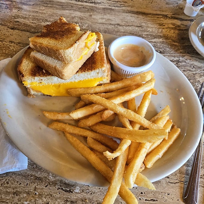 Sometimes simplicity wins—a grilled cheese sandwich with perfectly melted American cheese and fries that crunch just right.