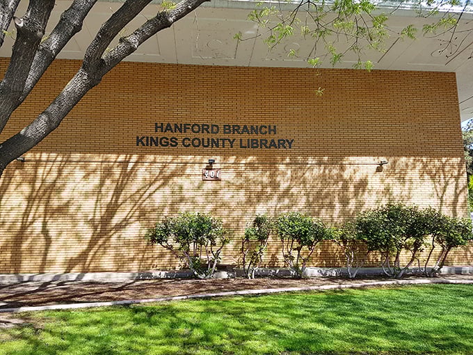 The Hanford Branch Library's dappled shadows create nature's stained glass on brick walls—a peaceful reminder that the best stories happen in the quiet spaces.