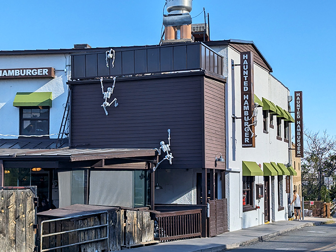 The Haunted Hamburger embraces Jerome's spooky reputation with skeleton decorations that seem to be having more fun than most living tourists.