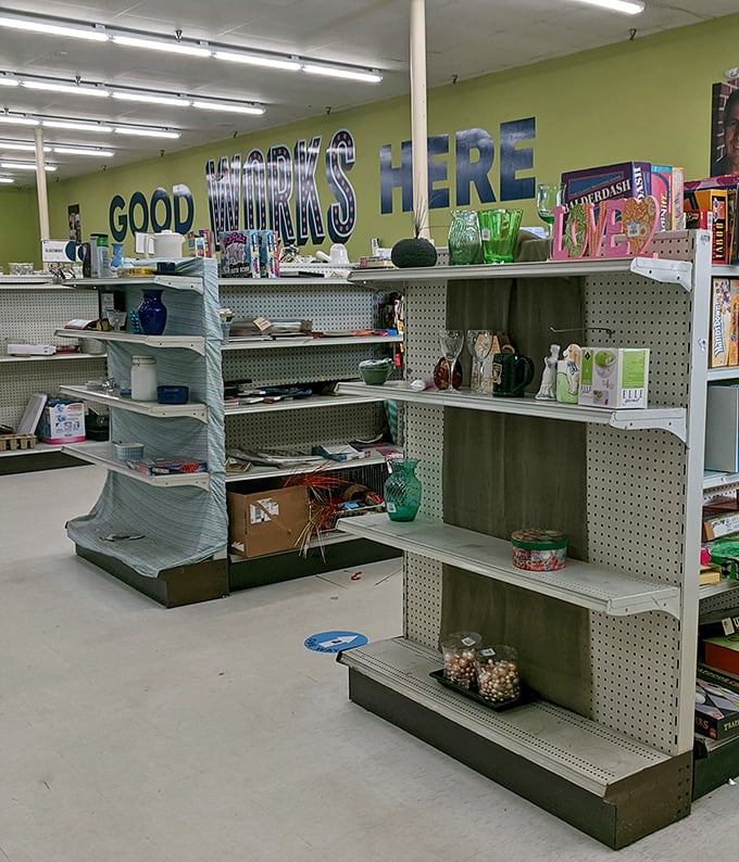 "Good Works Here" indeed—the home décor section offers everything from grandma-chic lamps to that pineapple masterpiece you never knew you needed until this moment.