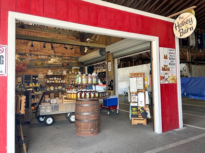 The Honey Barn beckons with liquid gold. Like stepping into a rustic country store where everything is somehow related to bees.