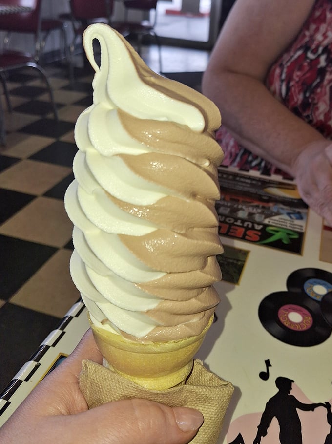 This twisted vanilla and caramel soft serve isn't just ice cream—it's a sculptural masterpiece that melts with mathematical precision into pure joy.