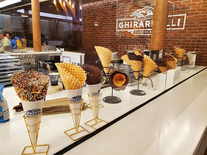 The waffle cone lineup—standing at attention like delicious soldiers ready to be drafted into your ice cream fantasy army.