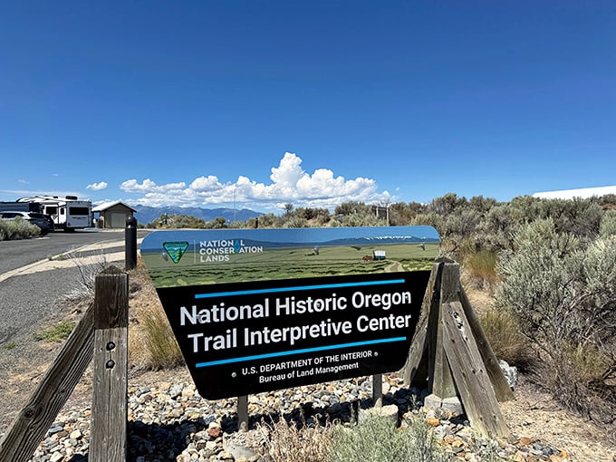 The National Historic Oregon Trail Interpretive Center sign marks the spot where history comes alive without the admission prices of big-city museums.