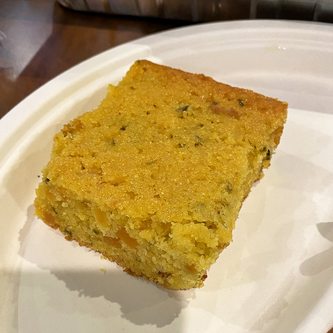 That jalapeño cornbread brings just enough heat to make things interesting without calling the fire department.