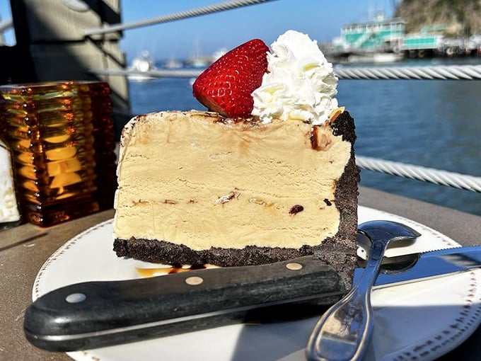 Java mud pie with a view—because calories consumed while gazing at boats bobbing in a harbor technically don't count.