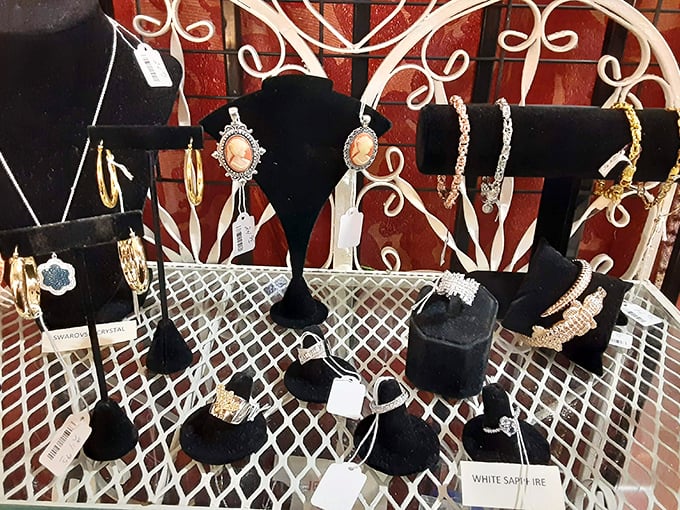 Treasure island in miniature – vintage cameos and sparkling accessories that whisper tales of elegant soirées from decades past.