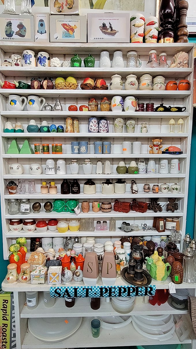 Salt and pepper shakers as far as the eye can see—proof that even the most practical kitchen items can become whimsical collectibles.