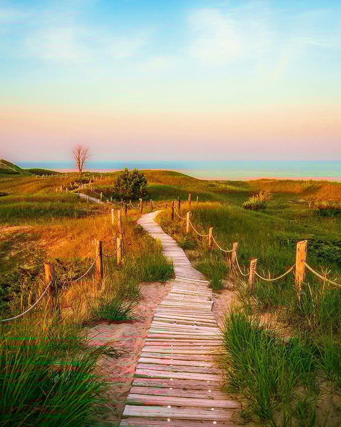 This wooden pathway through Kohler-Andrae's dunes feels like walking through a painting at sunset, nature's version of the yellow brick road.