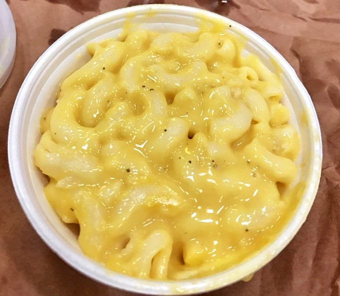 Mac and cheese that doesn't try to reinvent itself with truffle oil or lobster—just honest, molten comfort in a paper cup.