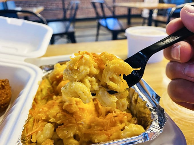 Mac and cheese that achieves that perfect pull. This isn't the powdered stuff from your childhood—it's the grown-up version your inner child still craves.