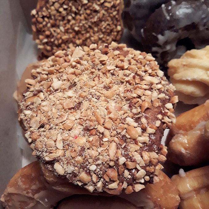This isn't just a donut—it's architecture. Layers of dough crowned with nuts and glaze create a textural masterpiece worth every calorie.