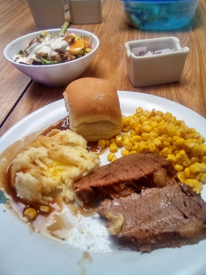 The ultimate comfort trifecta: tender roast beef, creamy mashed potatoes, and sweet corn. Midwestern soul food at its finest.
