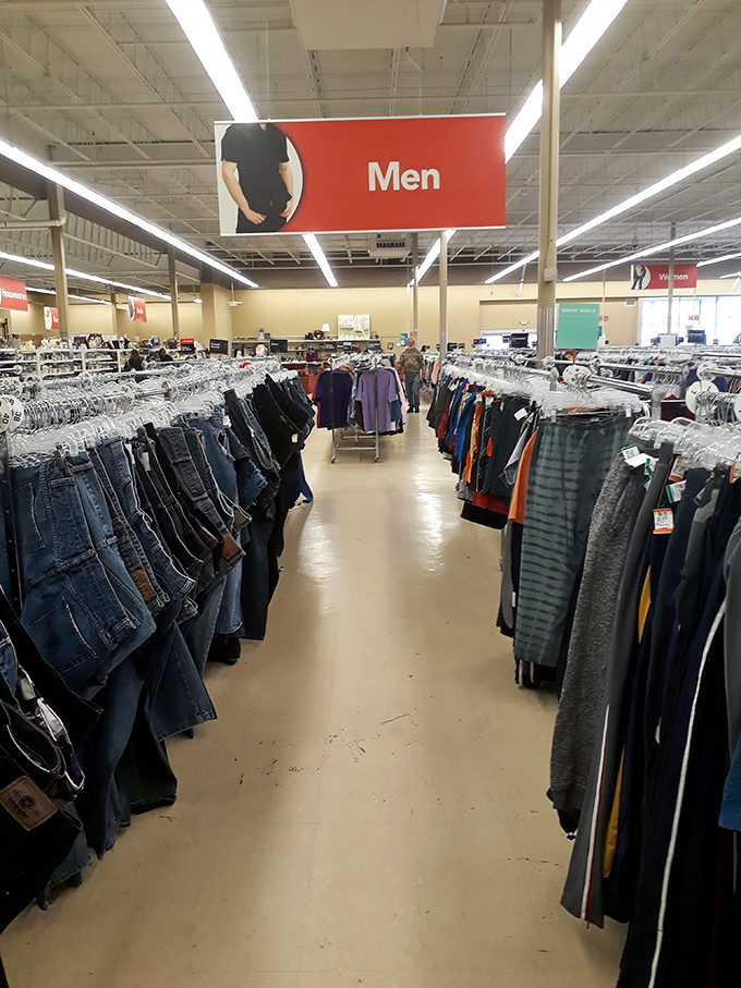 The men's department: where yesterday's fashion statements become today's vintage finds. Those jeans have seen better decades – and that's the point.